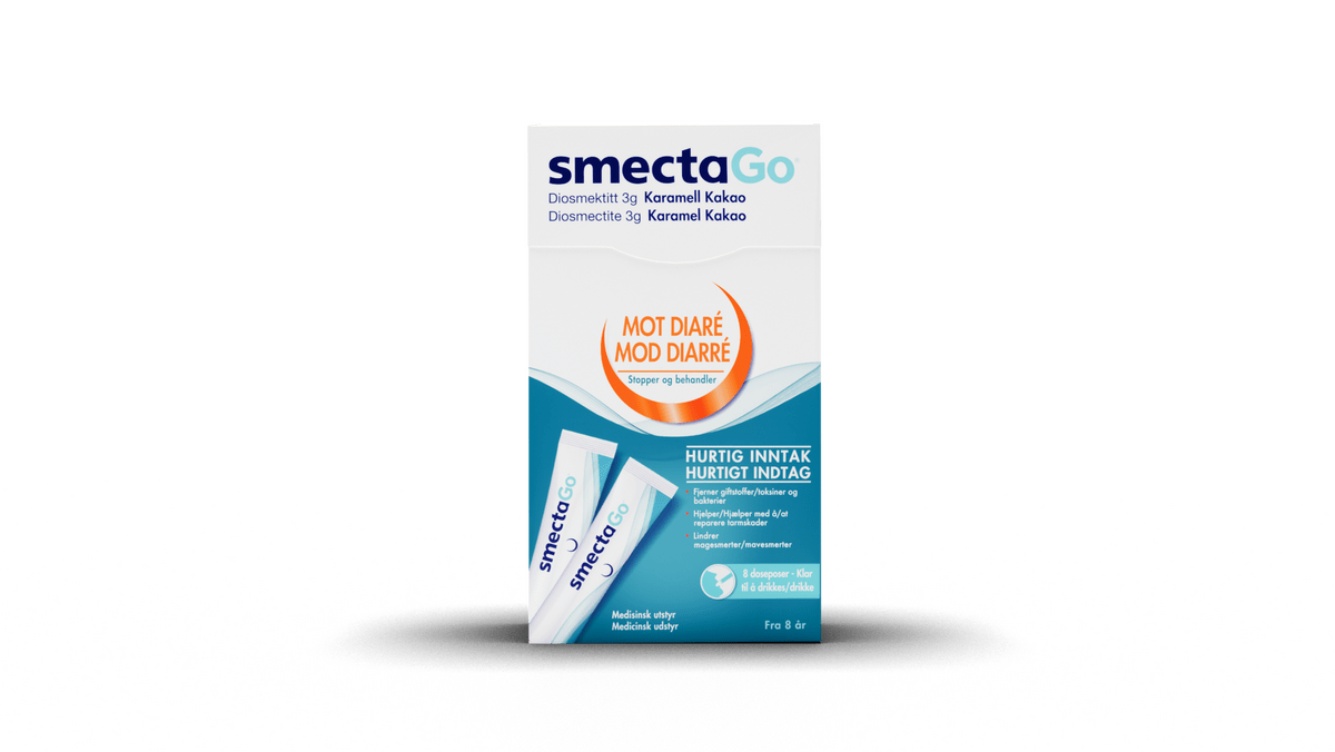 Kjøp SmectaGo mikstur karamell/kakao - 8 stk hos Med24.no