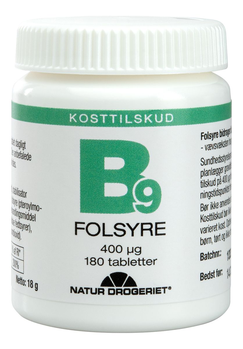 Kjøp Natur-Drogeriet B9 Folsyre 400 µg - 180 tabletter | Med24.no